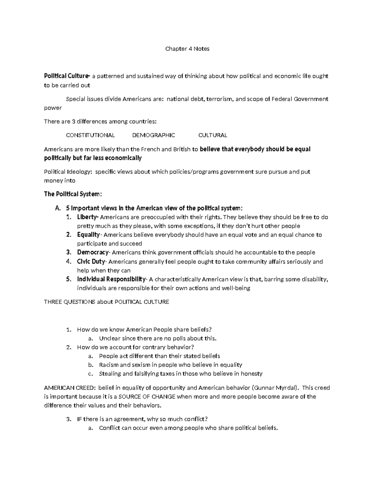 Chapter 4 Notes - okay - Chapter 4 Notes Political Culture- a patterned ...
