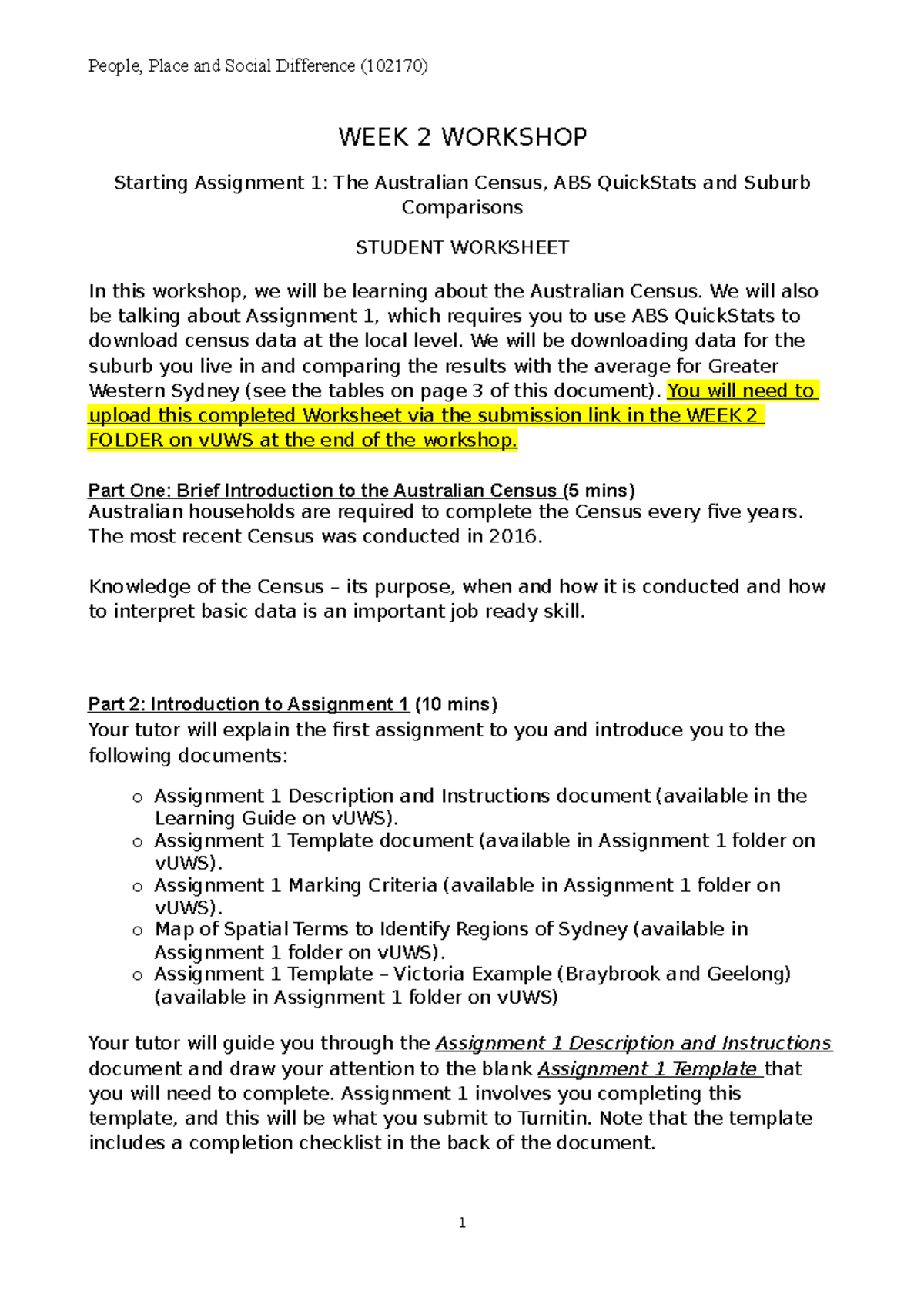 Week 2 Workshop- Worksheet - WEEK 2 WORKSHOP Starting Assignment 1: The ...