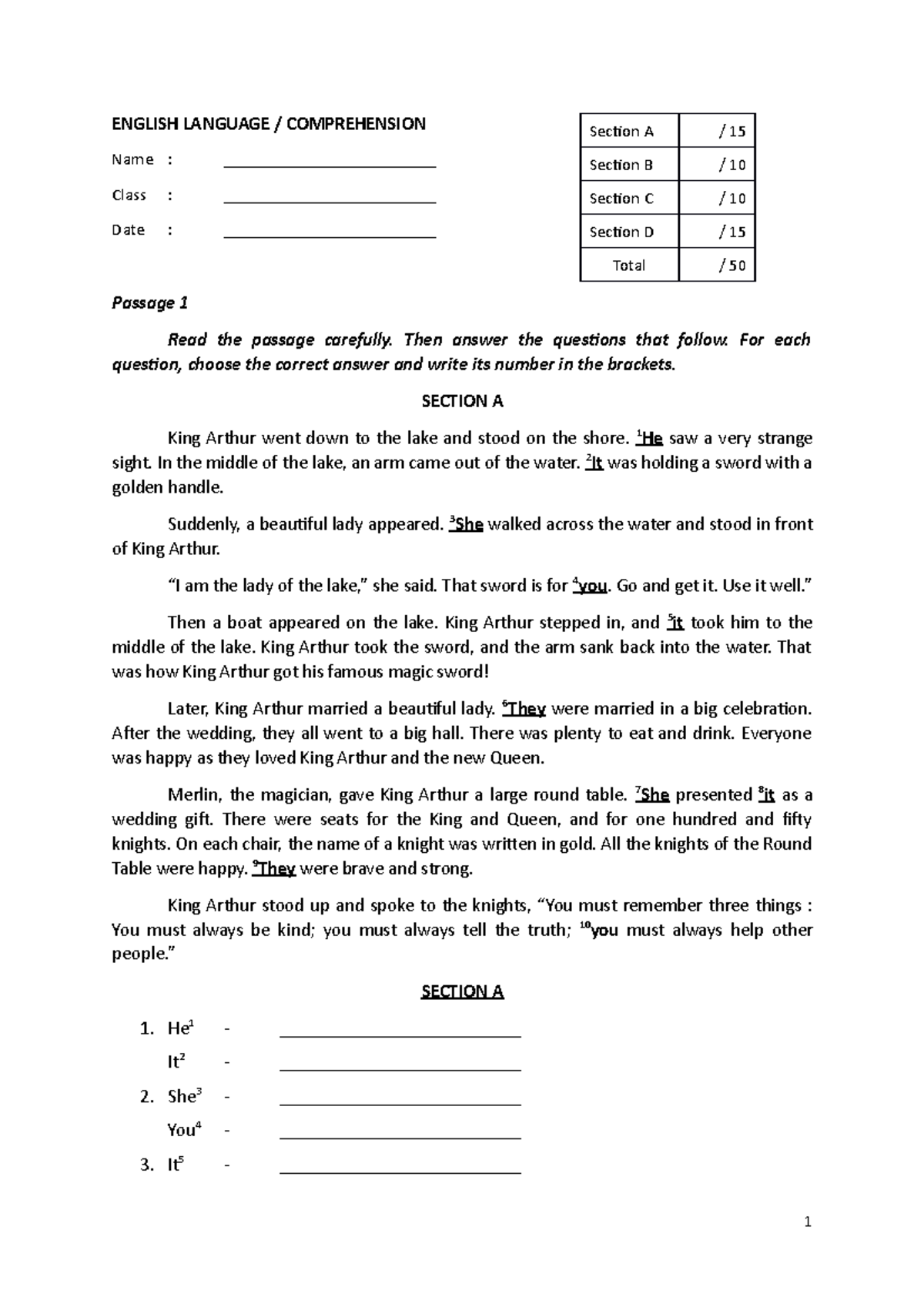 Comprehension KING Arthur ( 5 Superb) - ENGLISH LANGUAGE ...