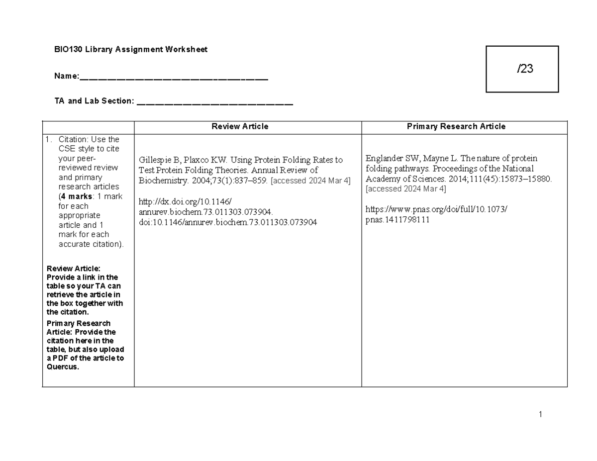 BIO130 Library Assignment Worksheet 2024 - BIO130 Library Assignment ...