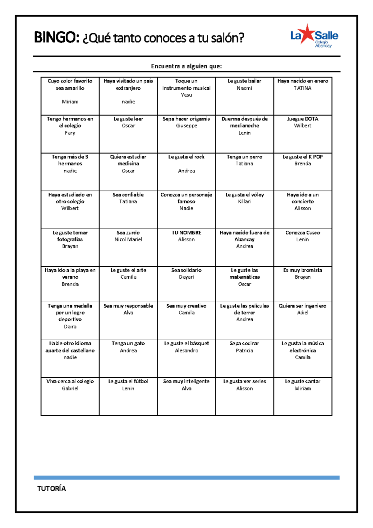Bingo Tutoria - TUTORÍA BINGO: ¿Qué tanto conoces a tu salón? Encuentra ...