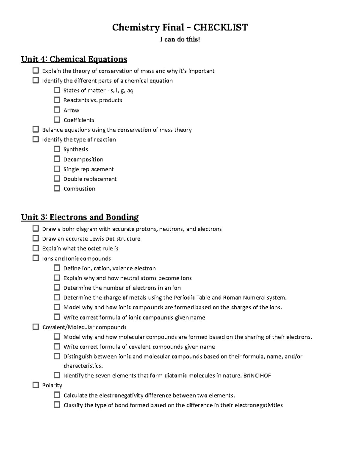 Chemistry Final Checklist - I can do this - Chemistry Final - CHECKLIST ...