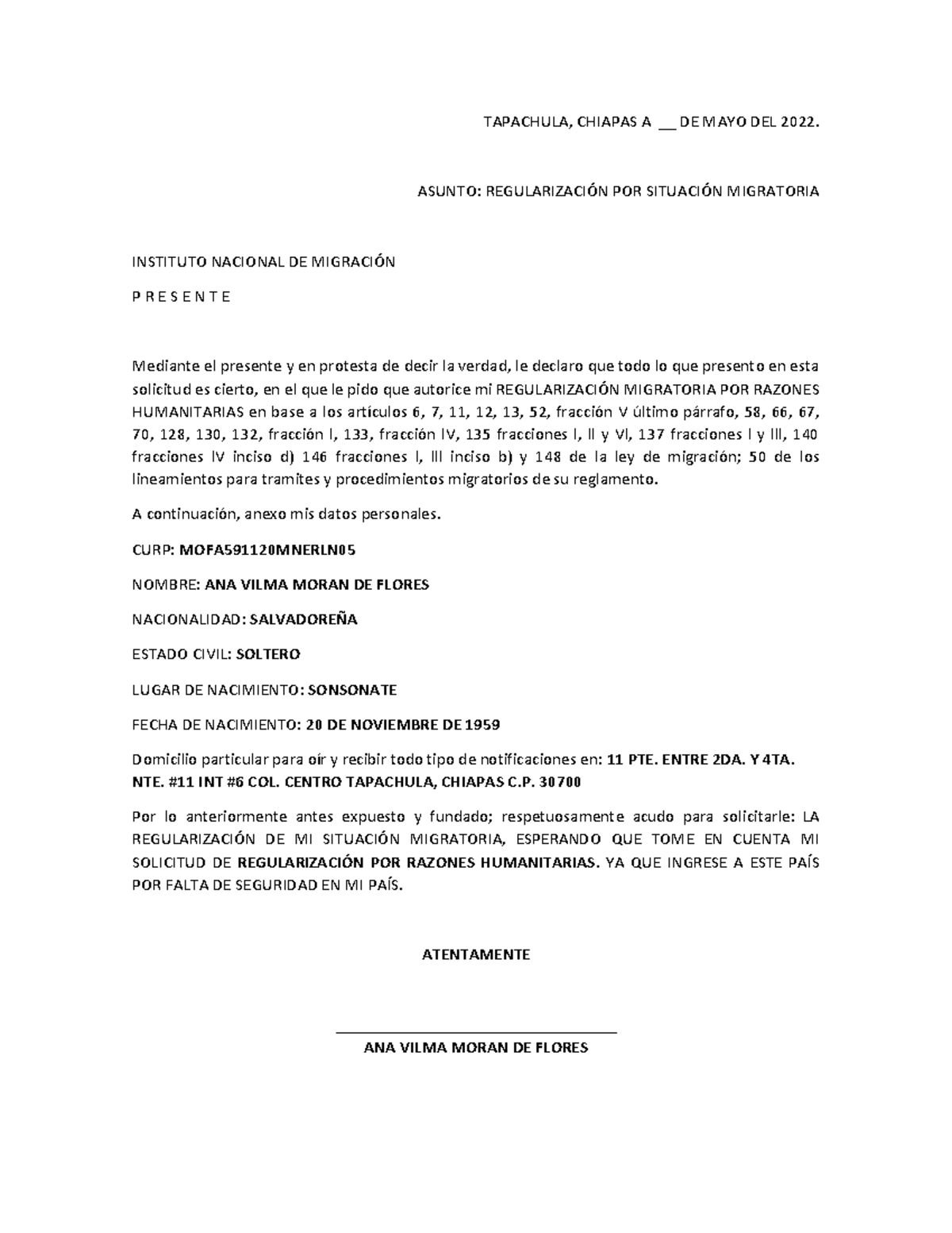 Formato Carta Migrantes - TAPACHULA, CHIAPAS A __ DE MAYO DEL 2022 ...