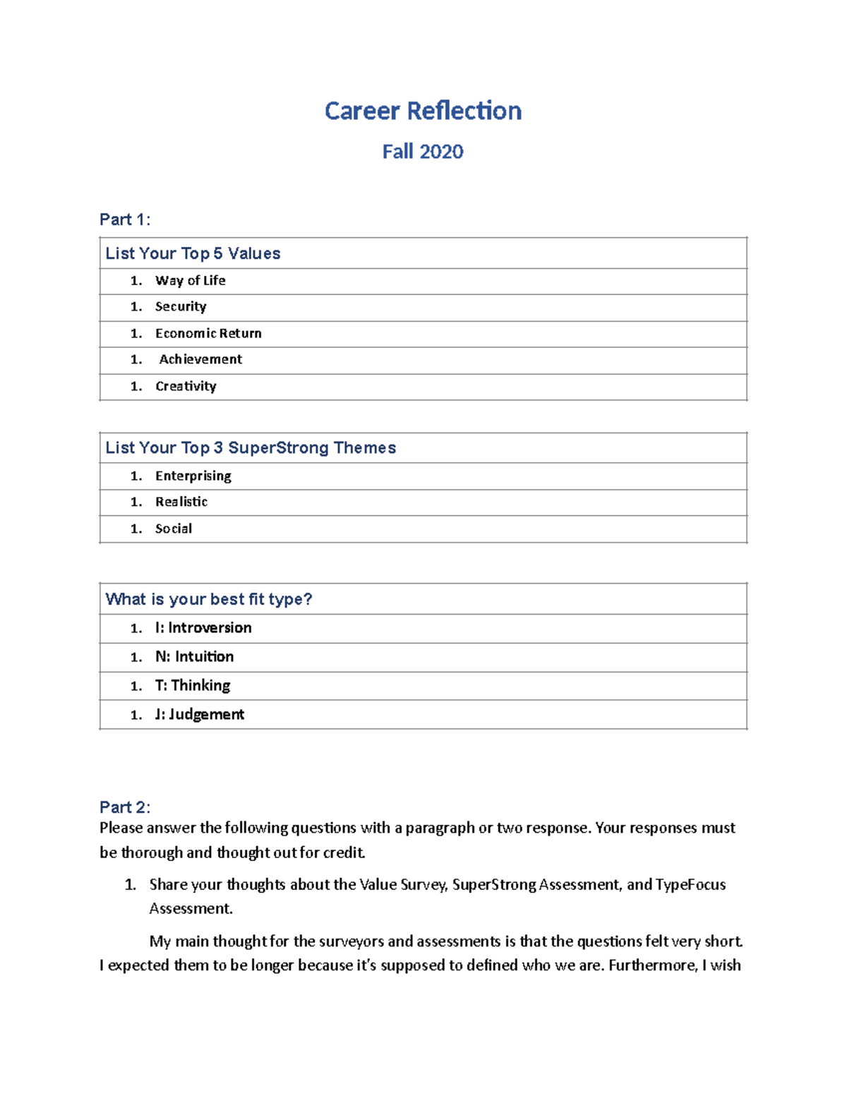 Career+Reflection - Homework assignment where you evolute your values ...