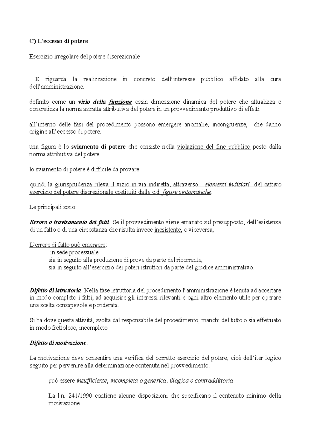 Eccesso di potere - riassunto clarich IV edizione - C) L’eccesso di potere Esercizio irregolare ...