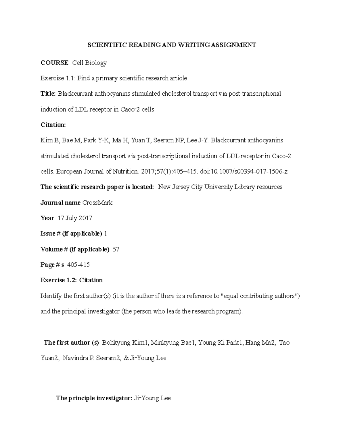Cell Biology assignment - SCIENTIFIC READING AND WRITING ASSIGNMENT ...