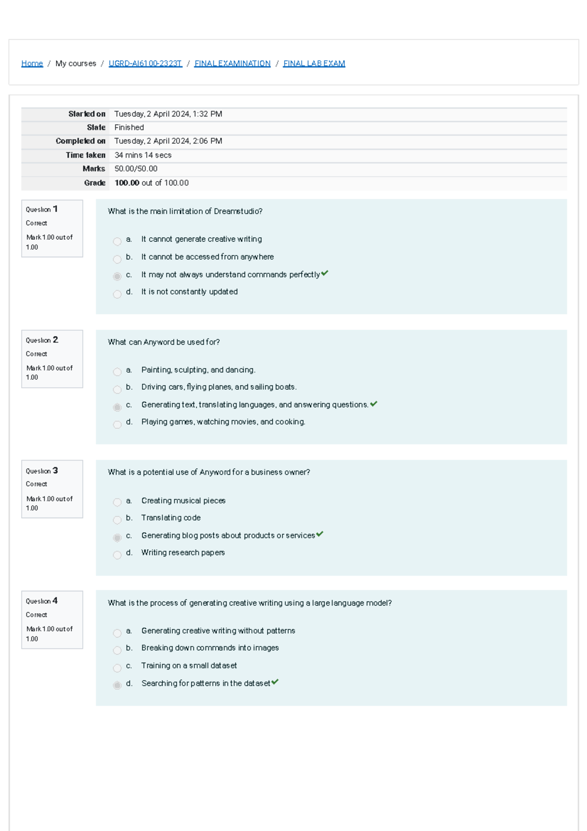 Final LAB EXAM Attempt review - Home / My courses / UGRD-AI6100-2323T / FINAL EXAMINATION ...