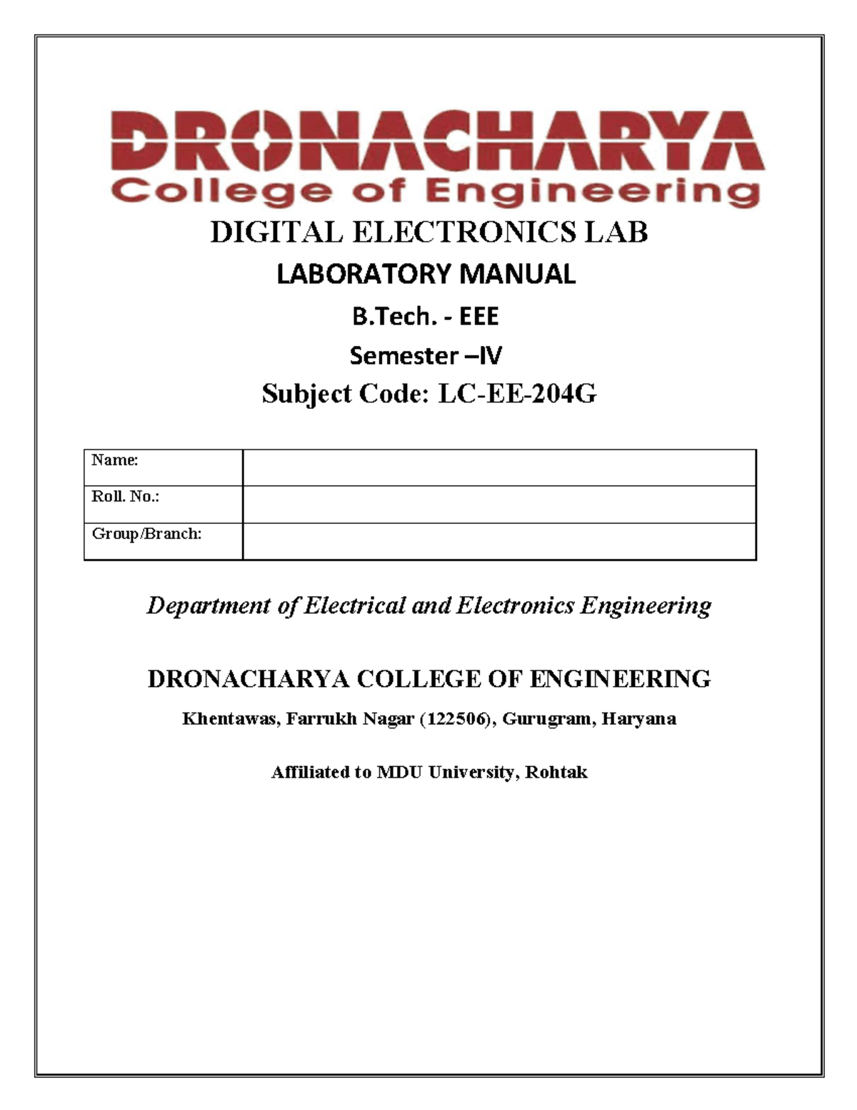 DE Lab Manual EEE G Scheme - DIGITAL ELECTRONICS LAB LABORATORY MANUAL B. - EEE Semester – IV ...