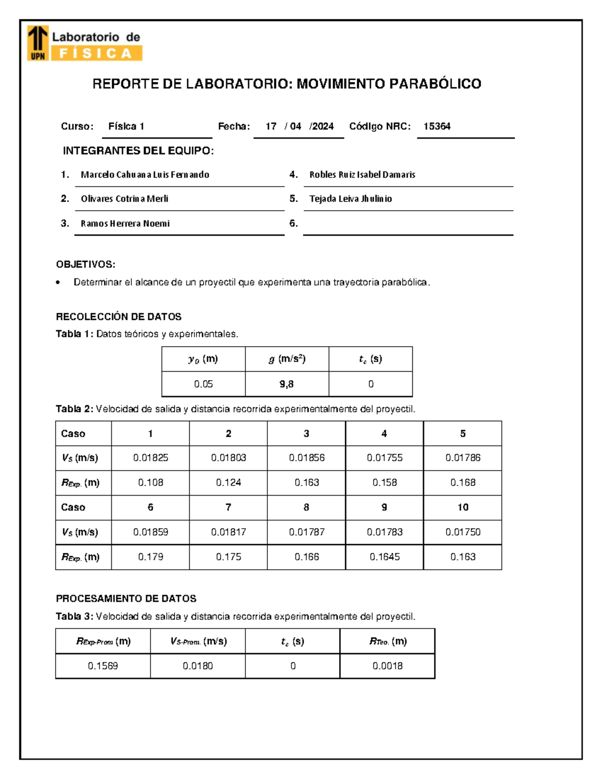 Reporte Laboratorio S4 - REPORTE DE LABORATORIO: MOVIMIENTO PARABÓLICO ...
