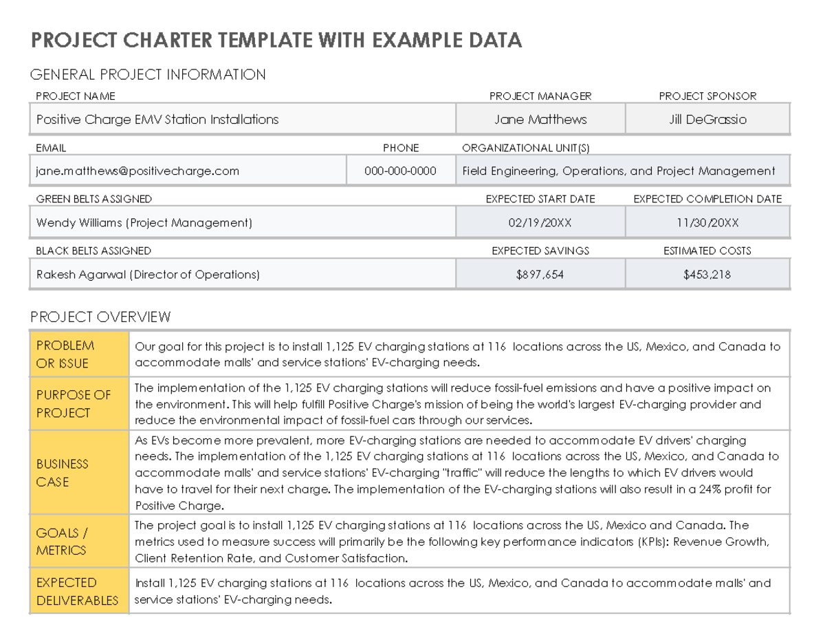 IC Project Charter with Example Data - PROJECT CHARTER TEMPLATE WITH ...