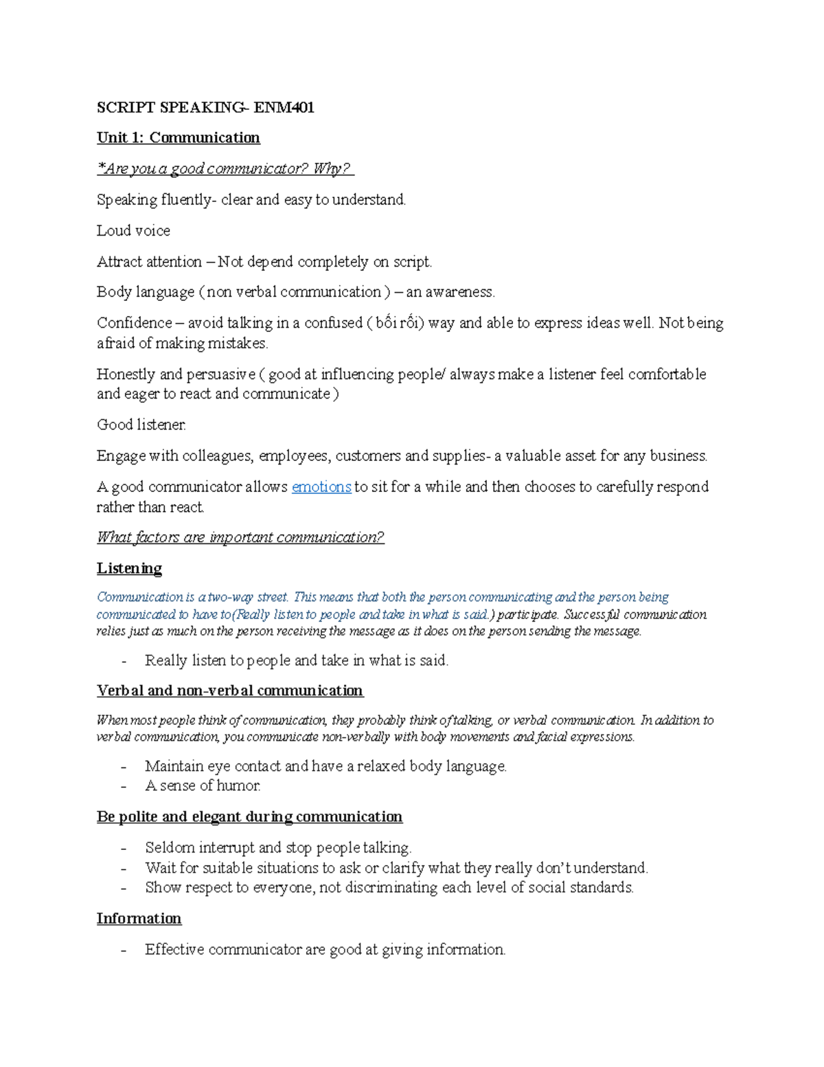 Script- Speaking - enm - SCRIPT SPEAKING- ENM Unit 1: Communication ...