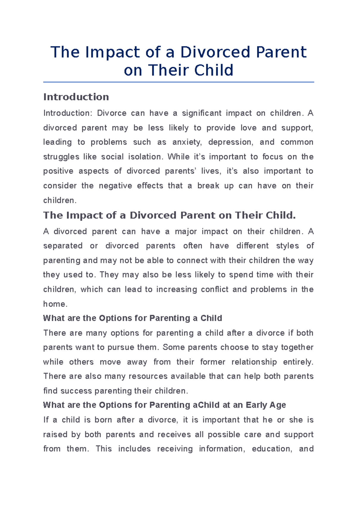 The Impact of a Divorced Parent on Their Child - The Impact of a ...