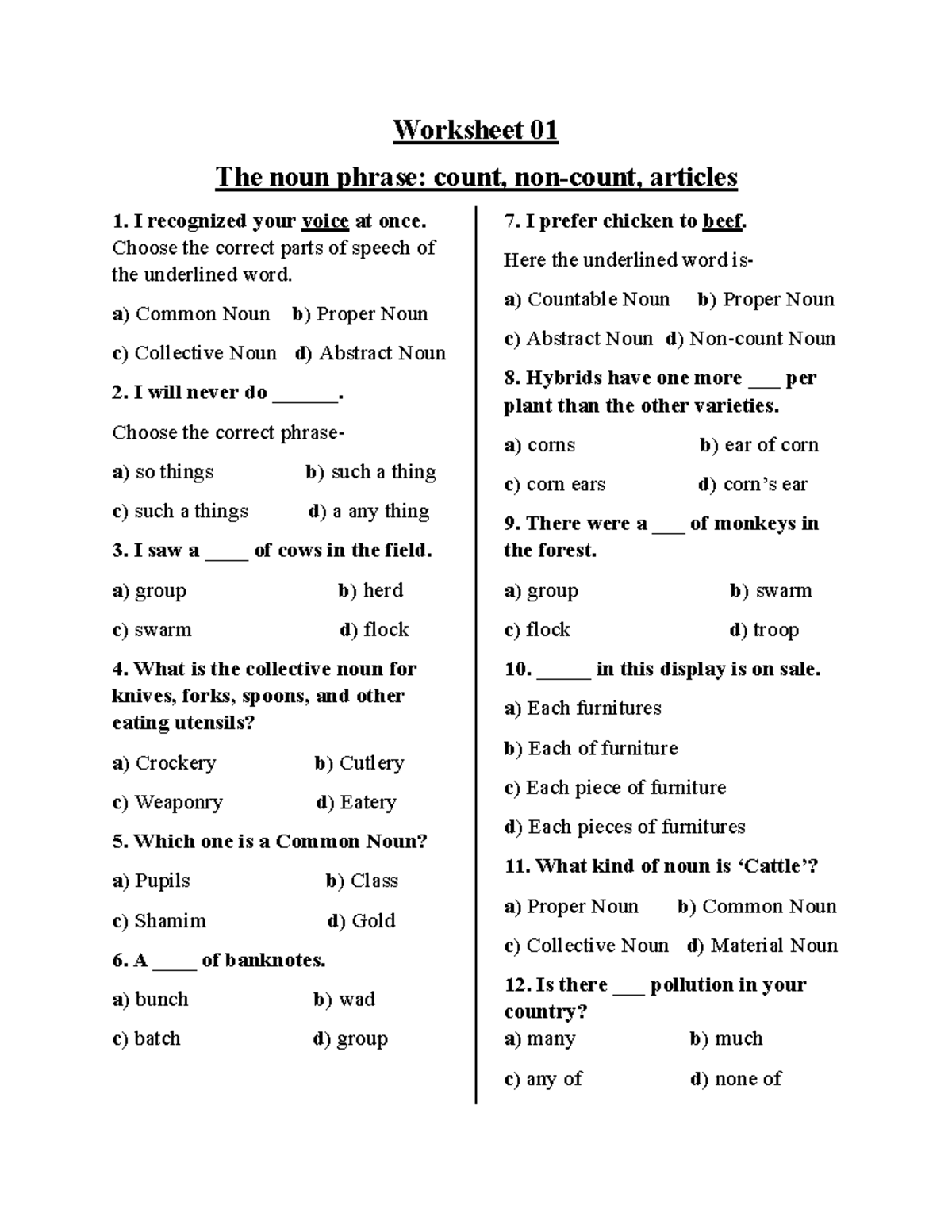 Worksheet 01 without answers - Worksheet 01 The noun phrase: count, non ...