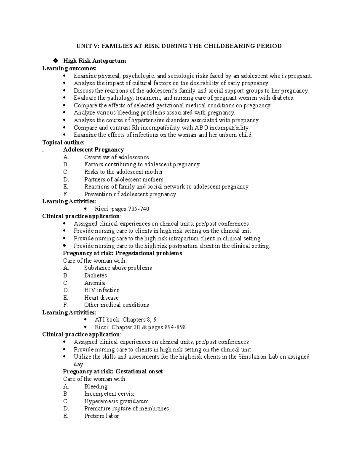 Unit 4 - mother baby - UNIT V: FAMILIES AT RISK DURING THE CHILDBEARING ...