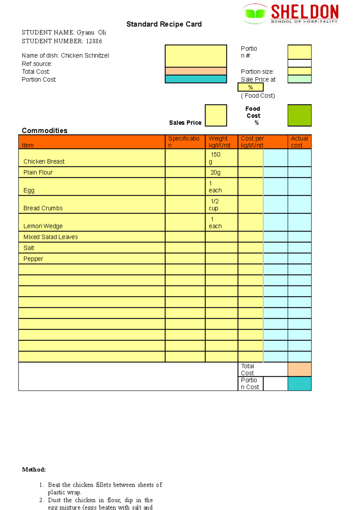 Recipe Card Sheldon - bg.ljb - Standard Recipe Card STUDENT NAME: Gyanu ...