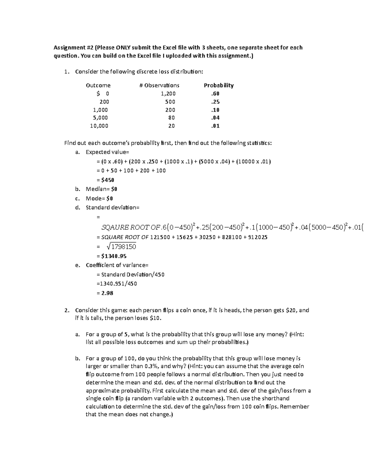 Assignment 2 - homework - Assignment #2 (Please ONLY submit the Excel ...