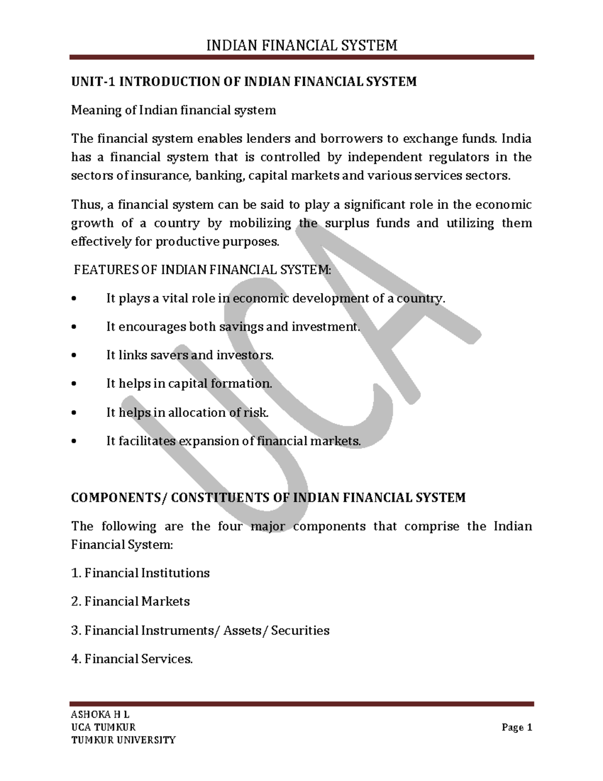 Structure of Indian Financial System - ASHOKA H L UCA TUMKUR Page 1 ...