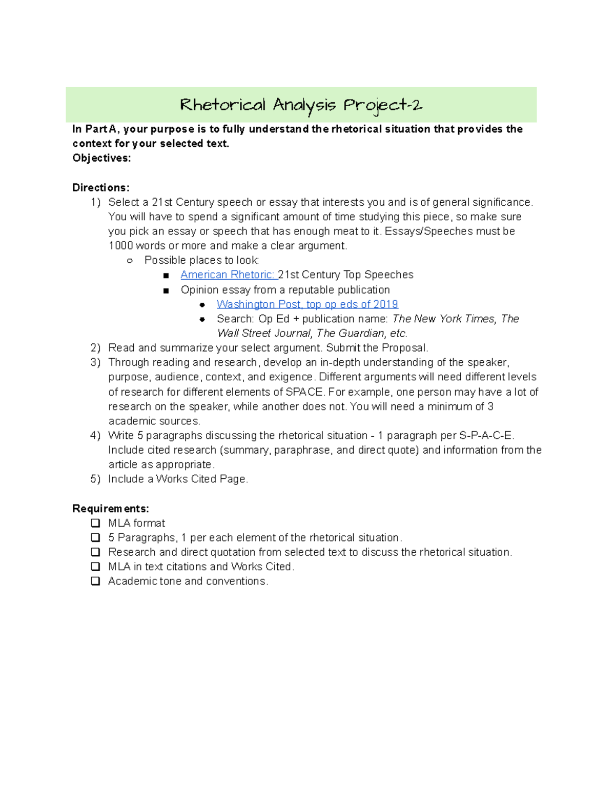 Rhetorical Analysis Project-2 - Objectives: Directions: 1) Select a ...