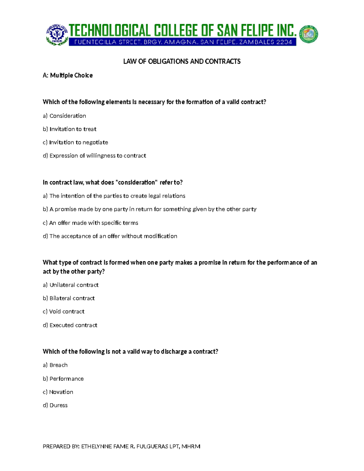 Law Of Obligations And Contracts Activity Law Of Obligations And Contracts A Multiple Choice