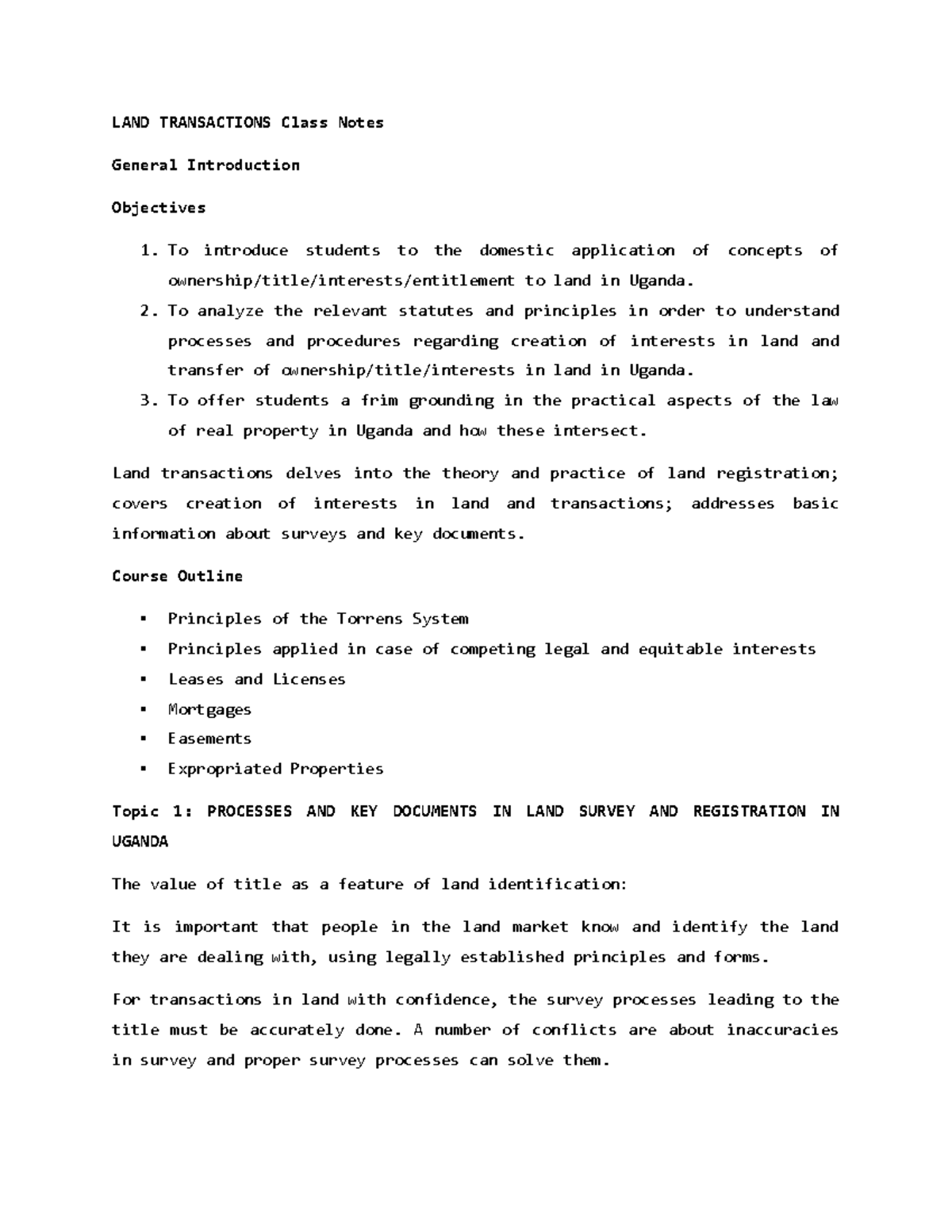 LAND Transactions Class Notes - LAND TRANSACTIONS Class Notes General ...