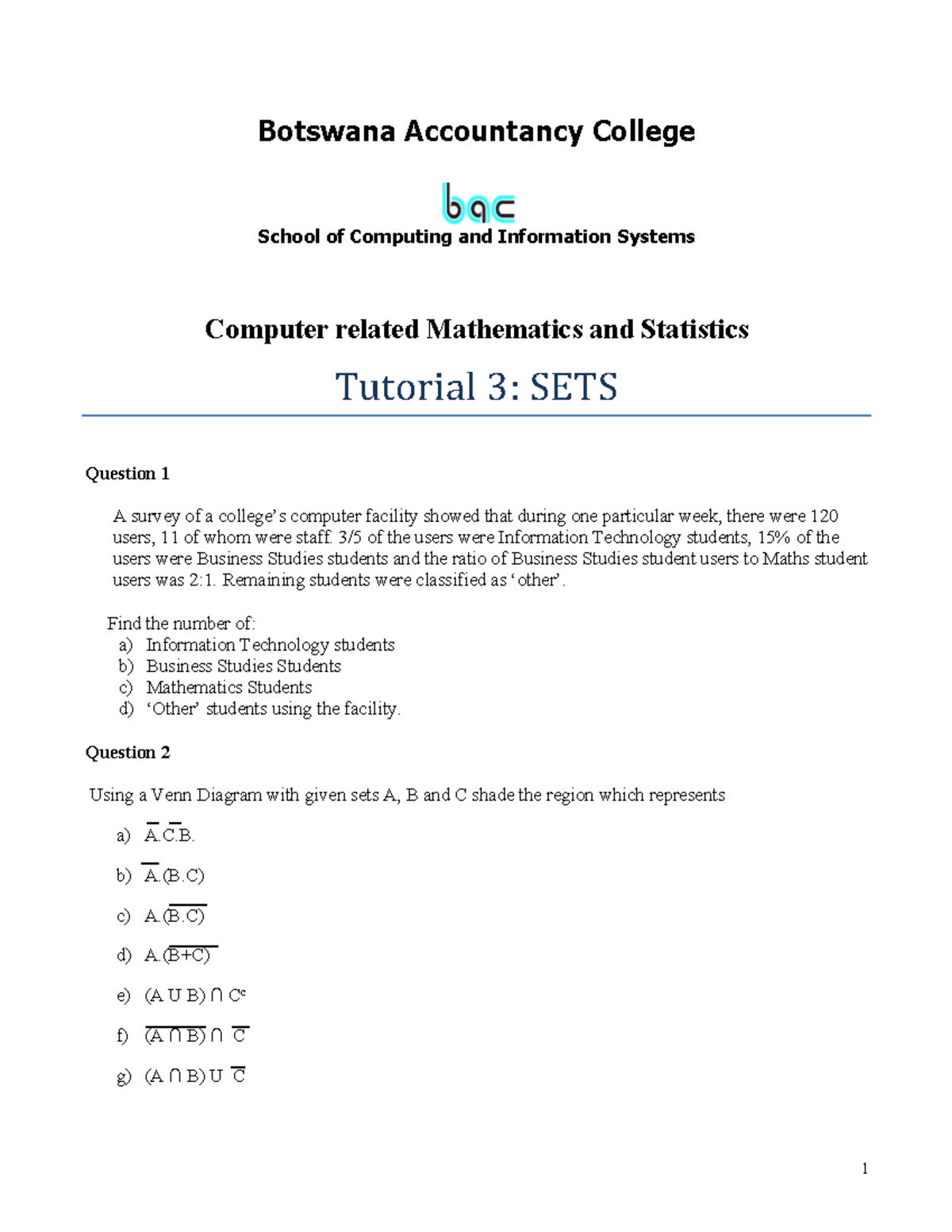 Tutorial 3 - SETS - study on sets - 1 Botswana Accountancy College ...