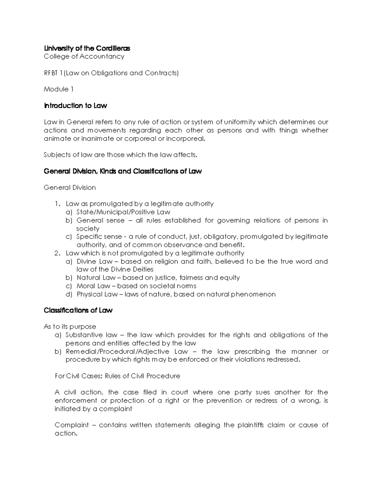 Introduction to Law - Lecture notes 1-10 - University of the ...