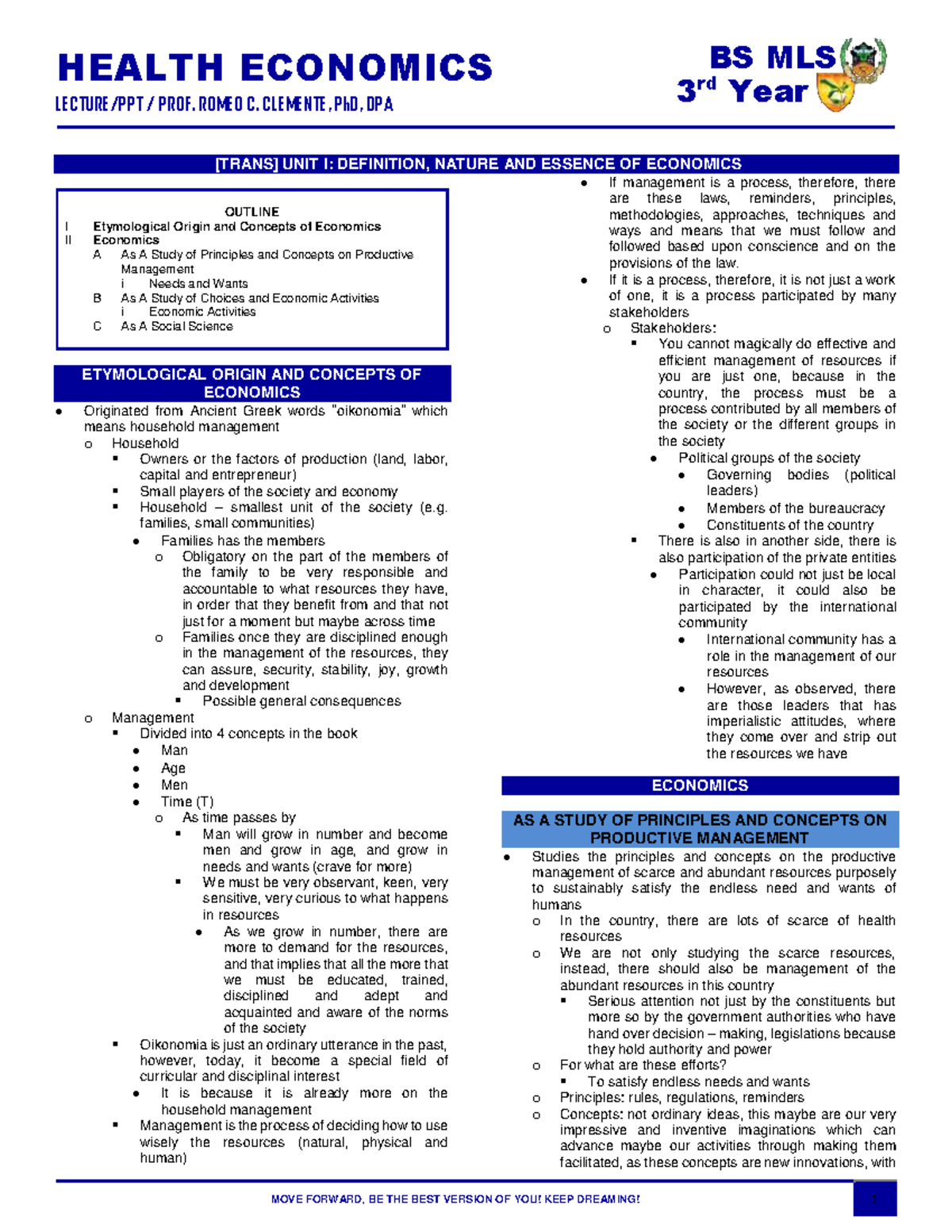 Econ Lecture 1 - HEE LEC - HEALTH ECONOMICS LECTURE/PPT / PROF. ROMEO C ...