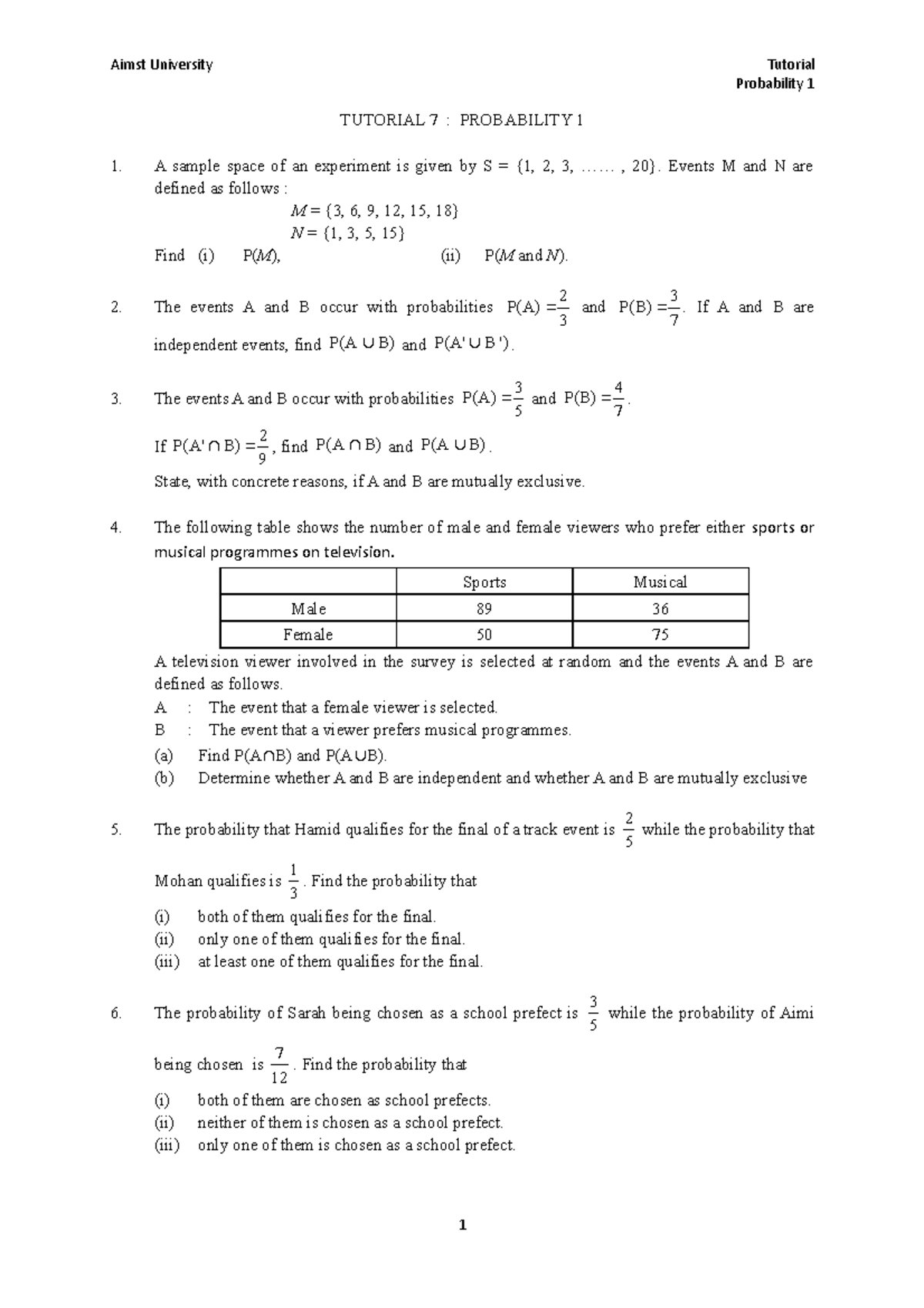 Tutorial 7 (Probability 1) - Aimst University Tutorial Probability 1 ...