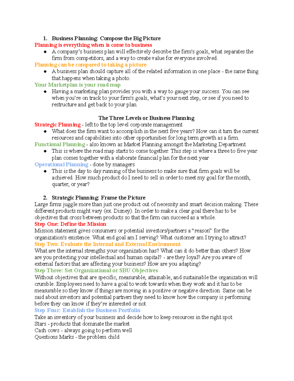Chapter 3 Notes - Business Planning: Compose the Big Picture Planning ...