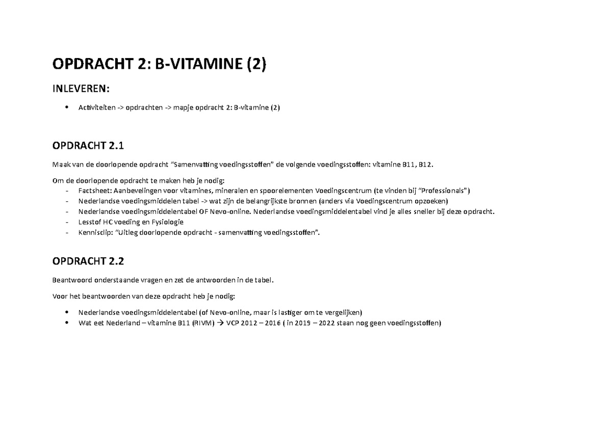 Opdracht 2 B-vitamine (2) - voorbereiding week 3 - OPDRACHT 2: B-VITAMINE (2) INLEVEREN ...