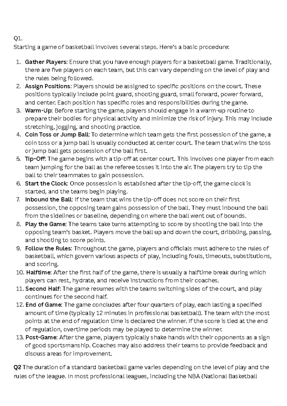 Q1. Starting a game of basketball involves several steps. Here's a ...