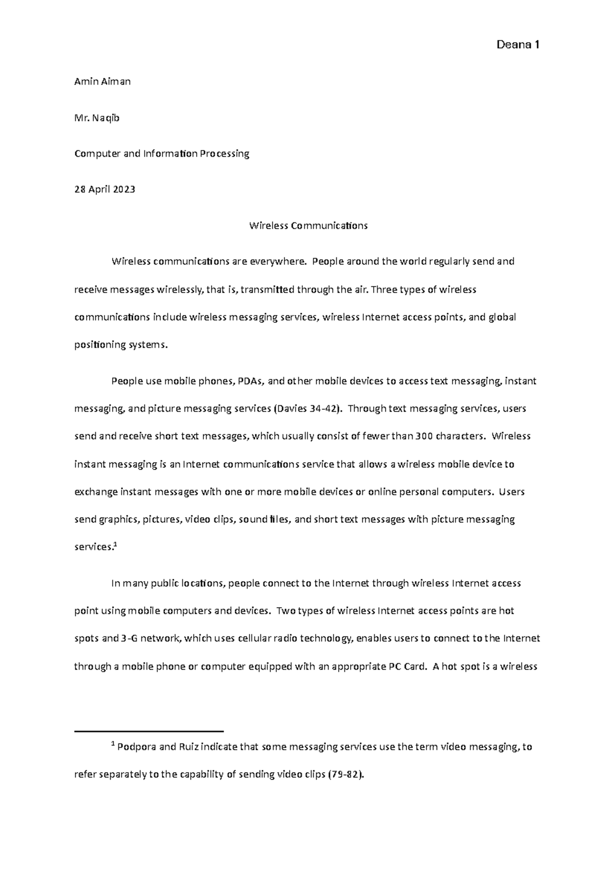 Wireless Communications - Deana 1 Amin Aiman Mr. Naqib Computer and ...