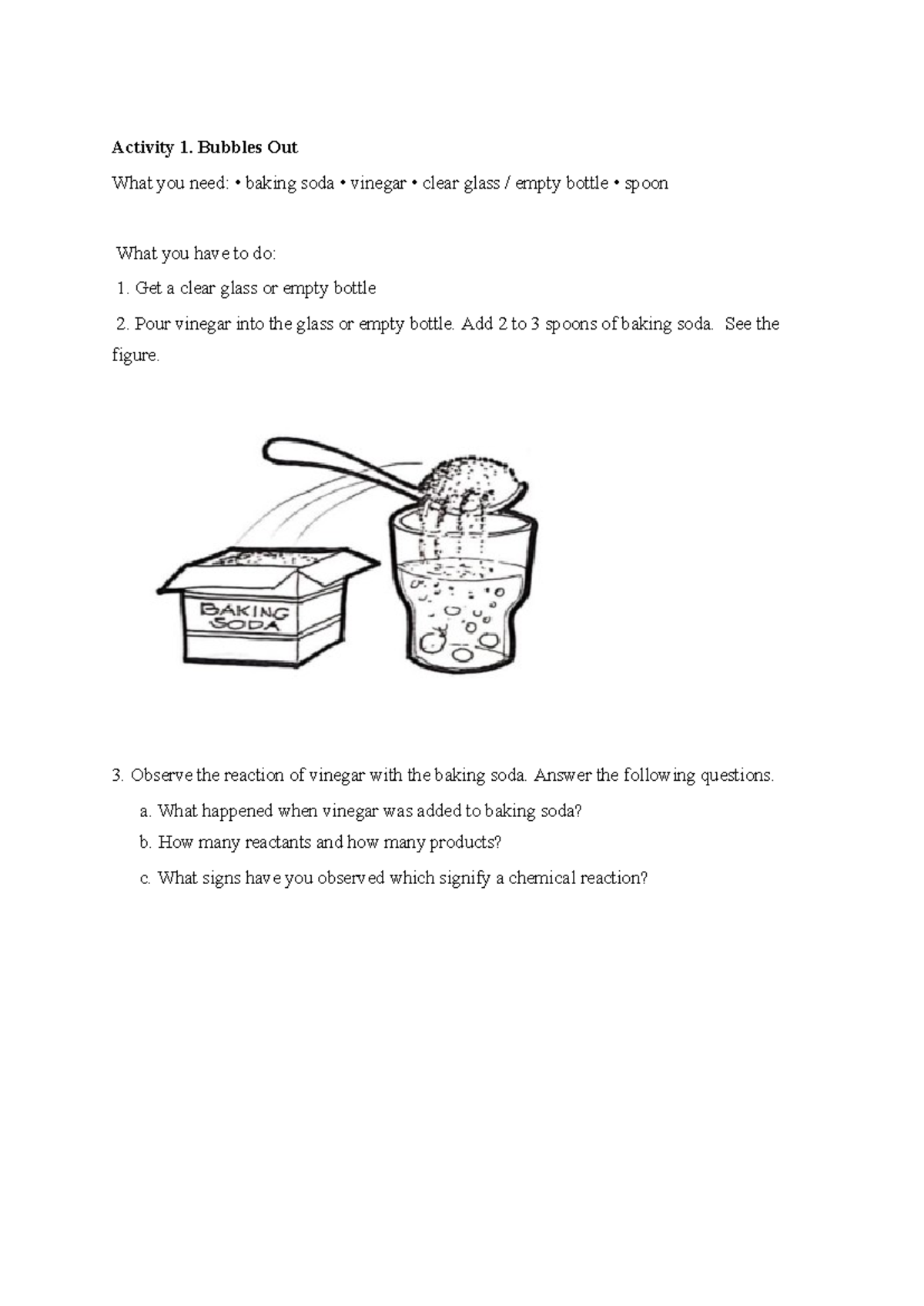 Chemical Reaction Worksheet - Activity 1. Bubbles Out What you need ...