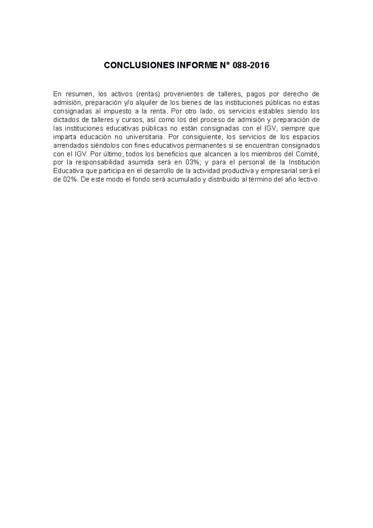 Conclusiones Informe N088-2016 - CONCLUSIONES INFORME N° 088- En ...