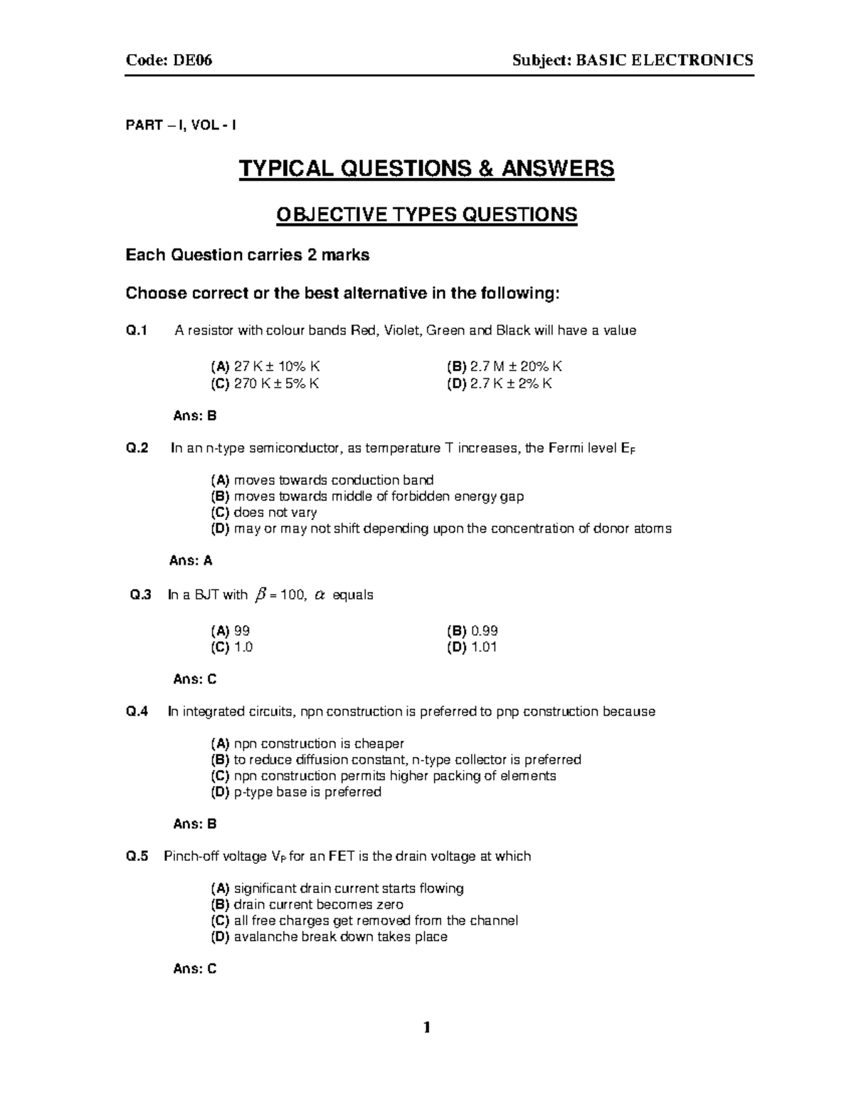 Questions Electrical Engineering Design - ####### PART – I, VOL - I ...