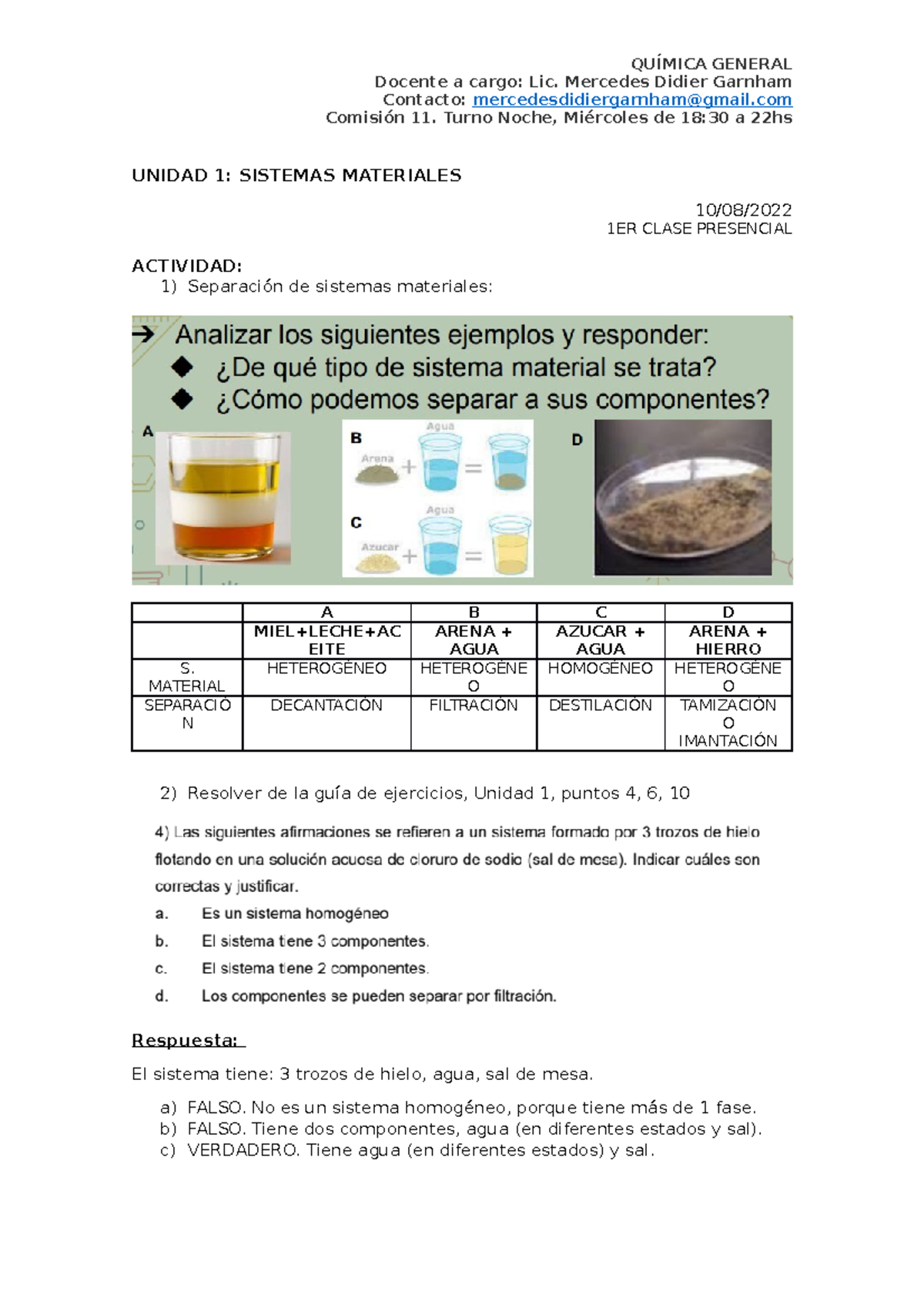 1. Sistemas Materiales. Actividades - QUÍMICA GENERAL Docente a cargo ...