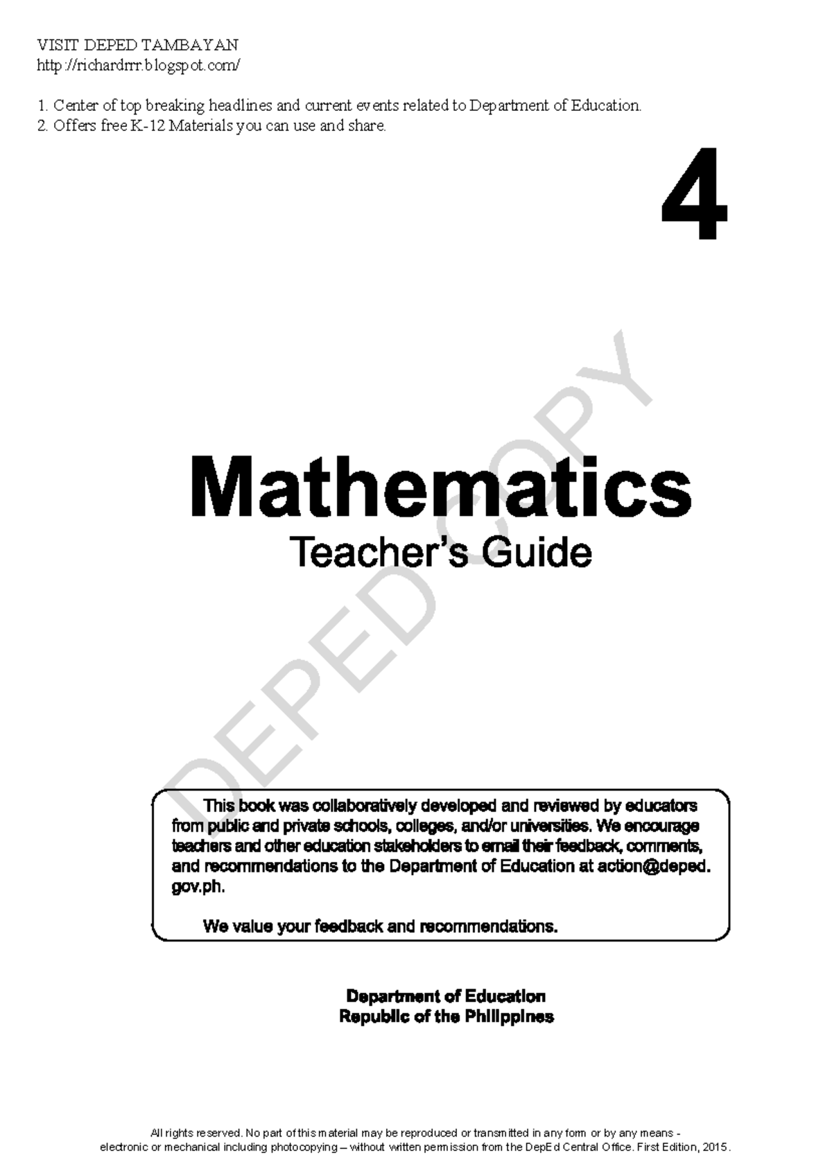 TG MATH 4 Q1 - FOR EDUCATIONAL - DEPED COPY All rights reserved. No ...