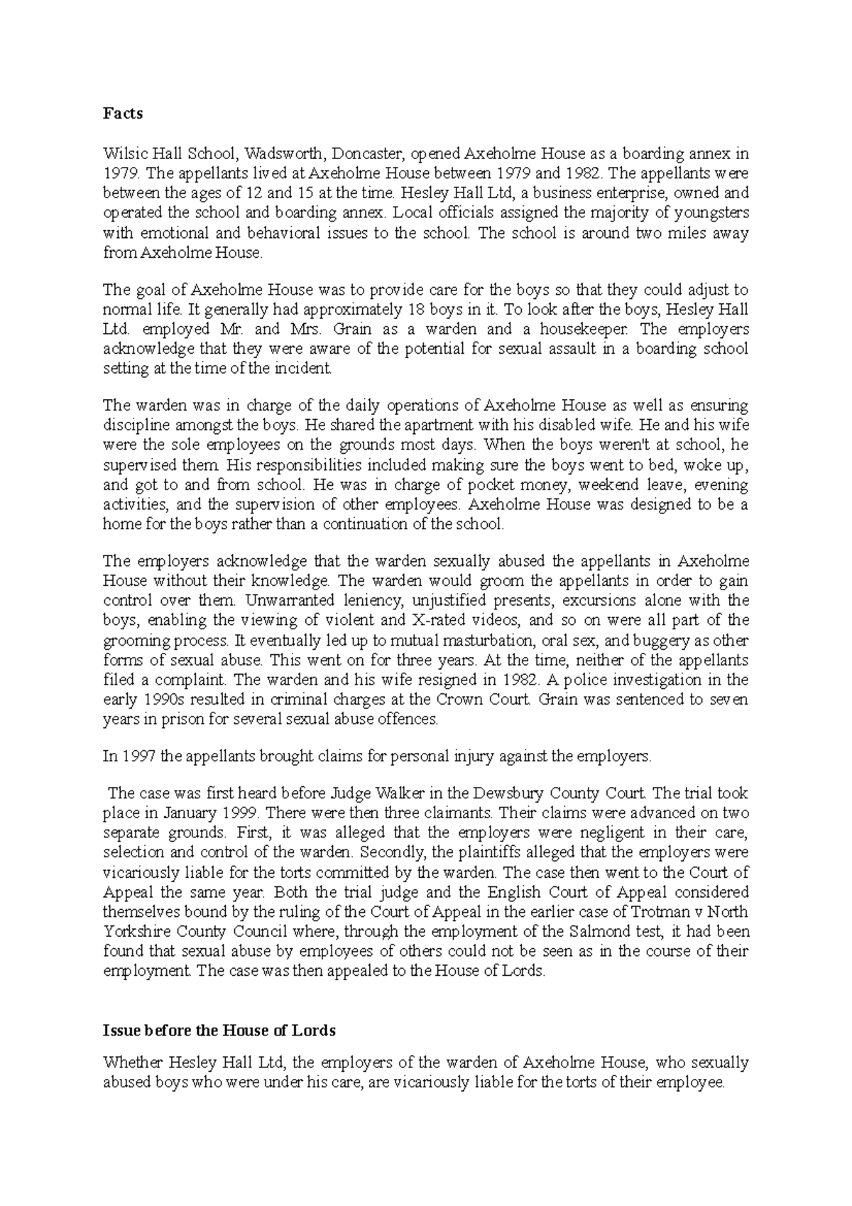 Lister v Hesley Hall Case Brief Tort Law - Facts Wilsic Hall School ...