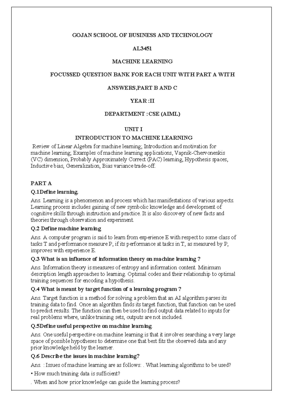 AL3451-Focussed questions - GOJAN SCHOOL OF BUSINESS AND TECHNOLOGY AL ...
