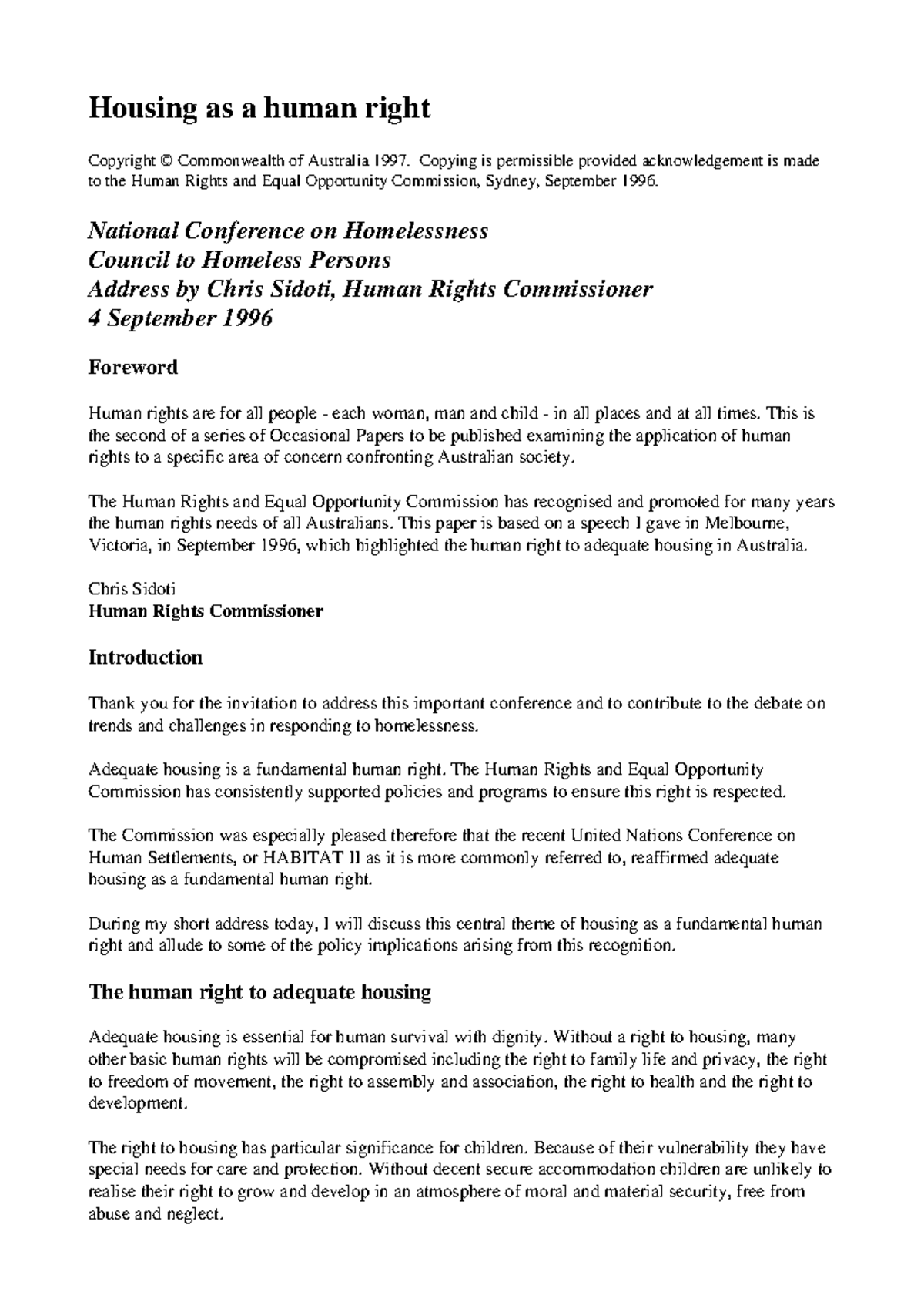 Housing speech - Shelter Option - Housing as a human right Copyright ...