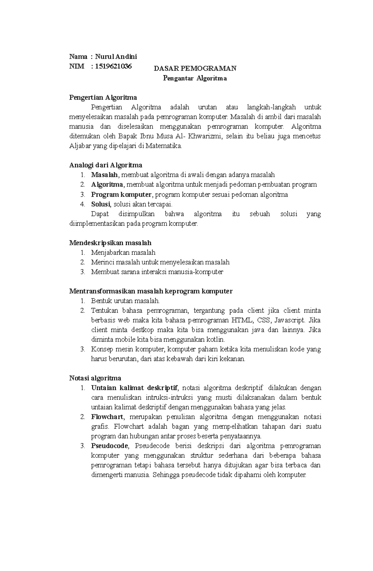 Pengantar Algoritma - Nama : Nurul Andini NIM : 1519621036 DASAR ...