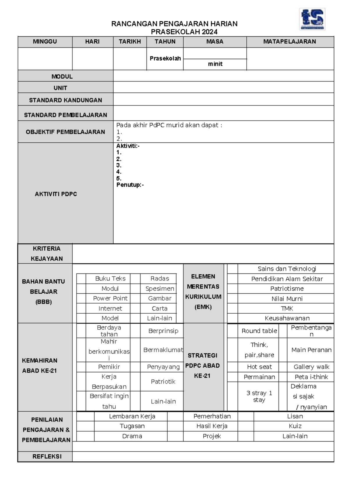 Layout Kosong RPH - RANCANGAN PENGAJARAN HARIAN PRASEKOLAH 2024 MINGGU ...