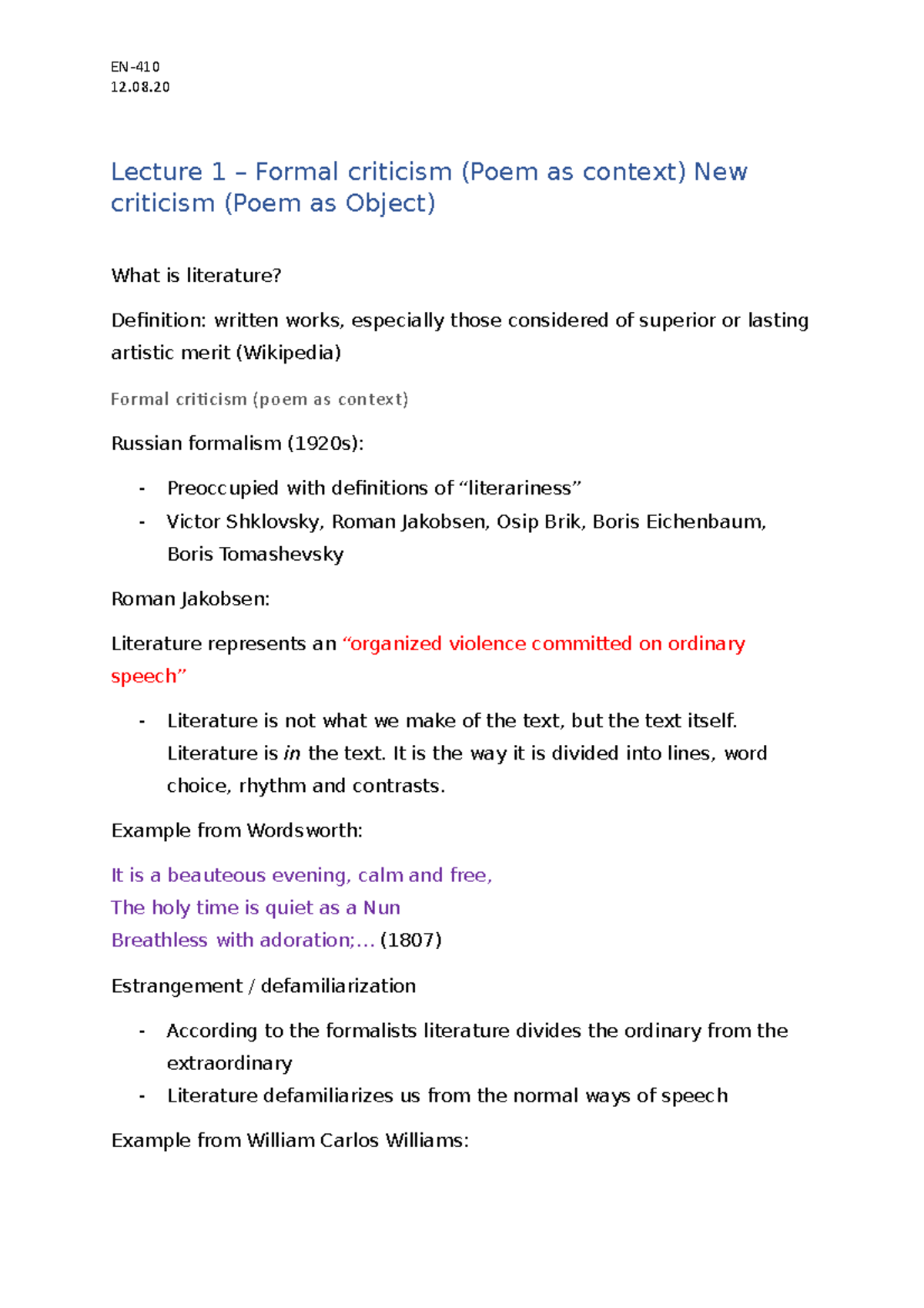 Lecture 1 - Introduction; Formal criticism (poem as context) New ...