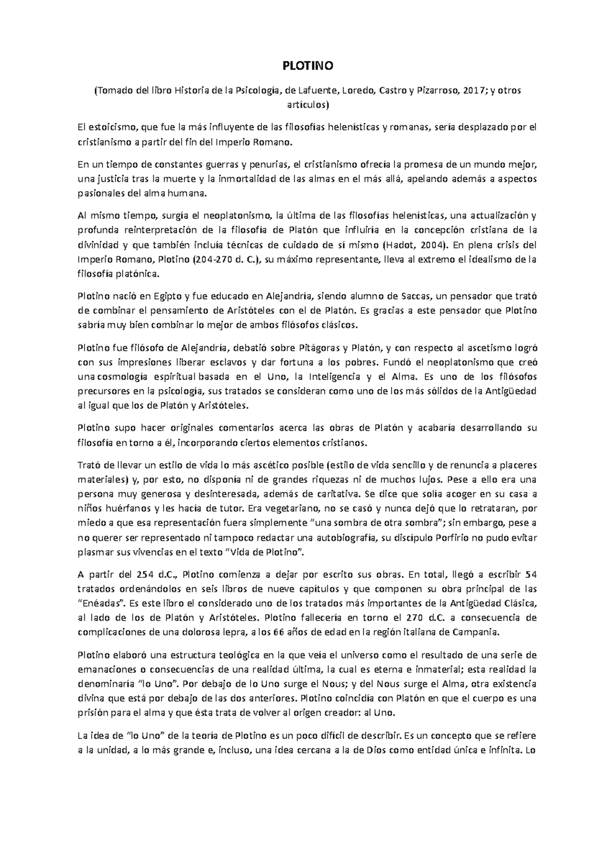 Plotino Y Filón de Alejandría - PLOTINO (Tomado del libro Historia de la Psicología, de Lafuente ...