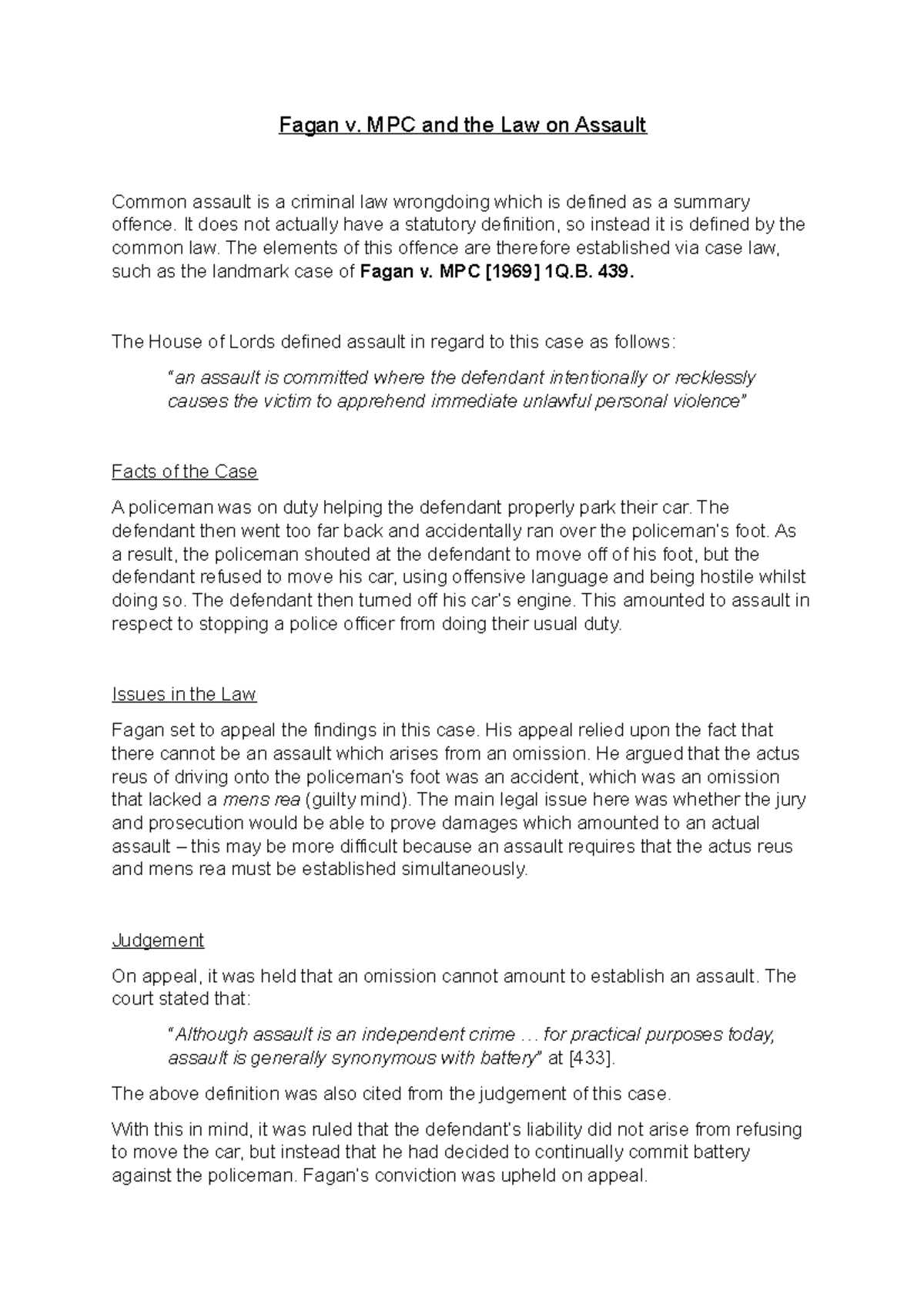 Fagan v MPC and Assault - Fagan v. MPC and the Law on Assault Common ...