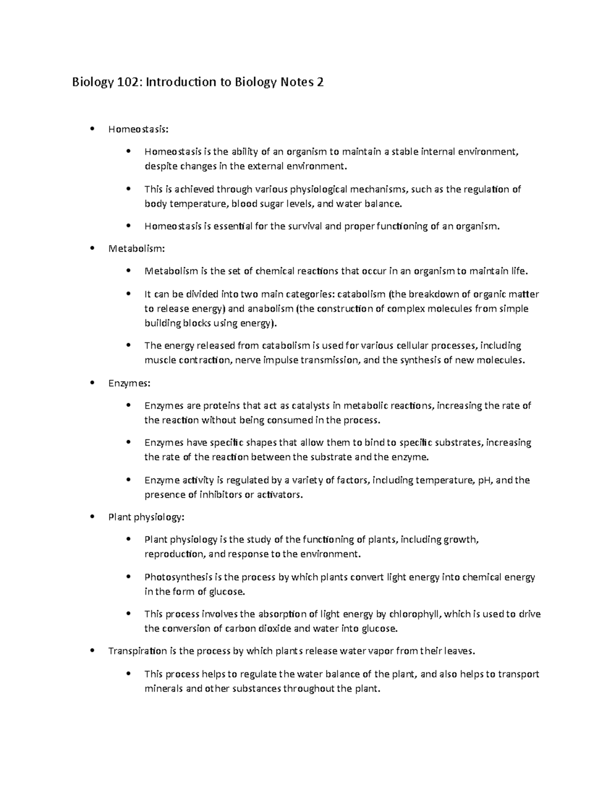 Biology 102 Introduction to Biology Notes 2 - Biology 102: Introduction ...