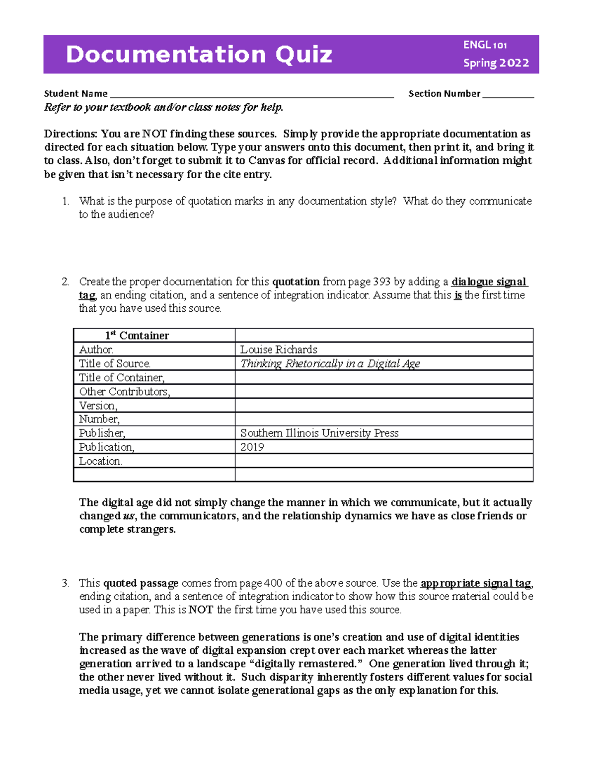 Documentation Quiz Twenty Twenty two. - Documentation Quiz Student Name ...