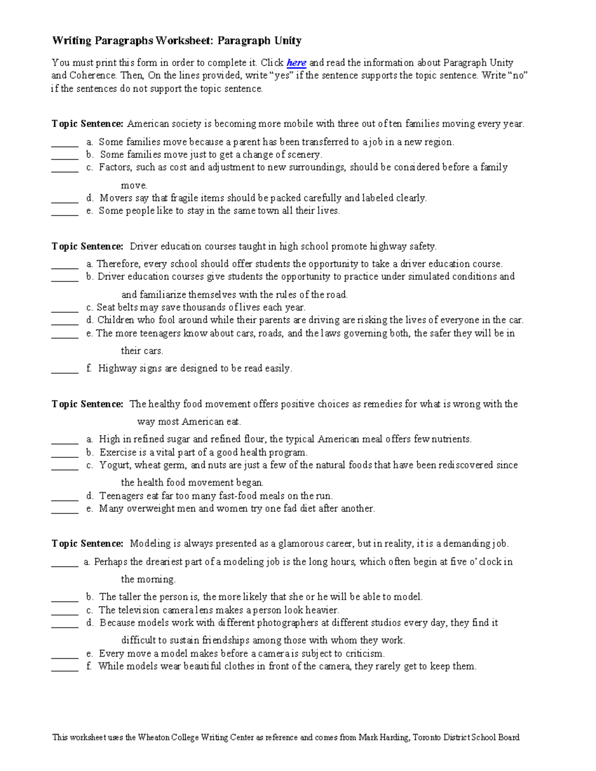 Unity and Coherence Worksheet JE - Writing Paragraphs Worksheet ...