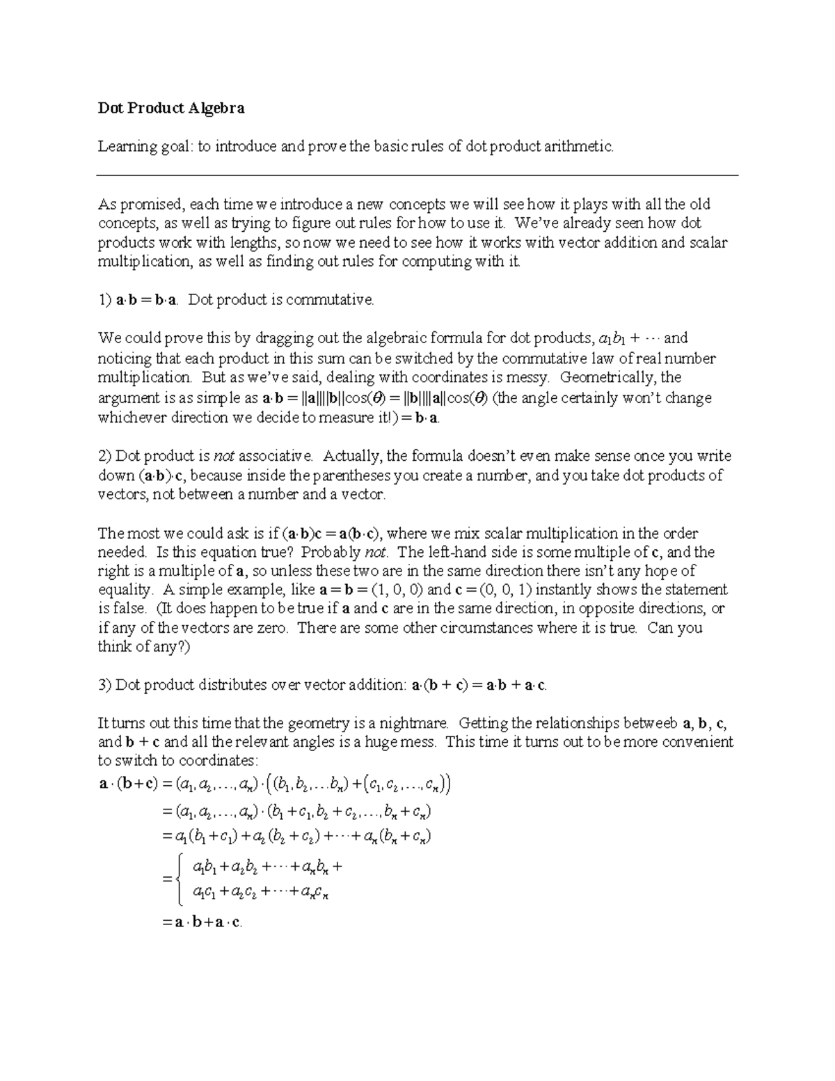 Notes 08-Dot Product Algebra - Dot Product Algebra Learning goal: to ...