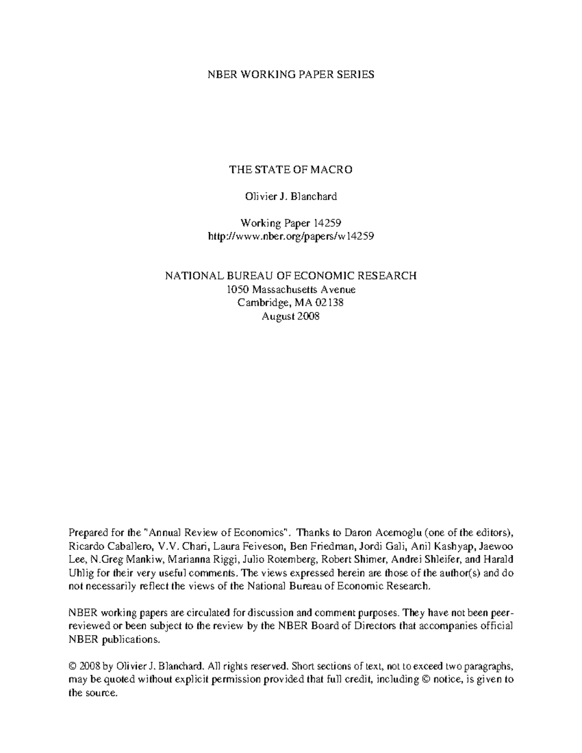 Blanchard (2008 ) The state of the macro - NBER WORKING PAPER SERIES ...